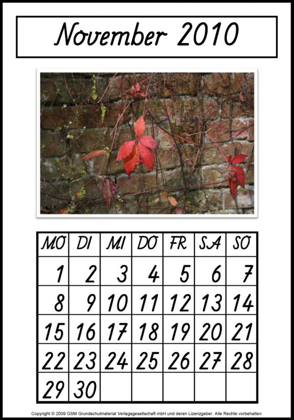 Kalenderblatt für November 2010 - Medienwerkstatt-Wissen © 2006-2025 Medienwerkstatt